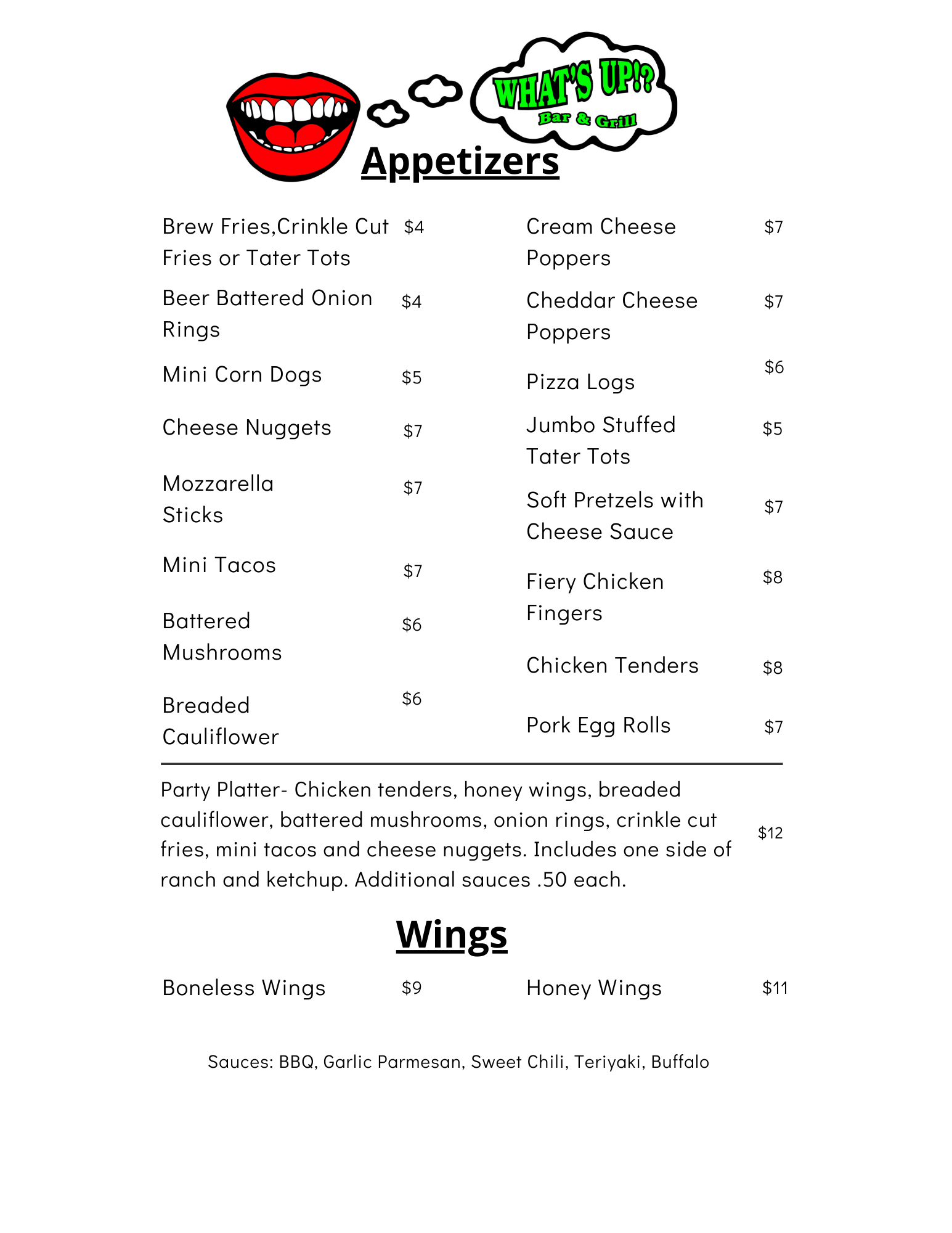 Menu – What's Up Bar and Grill